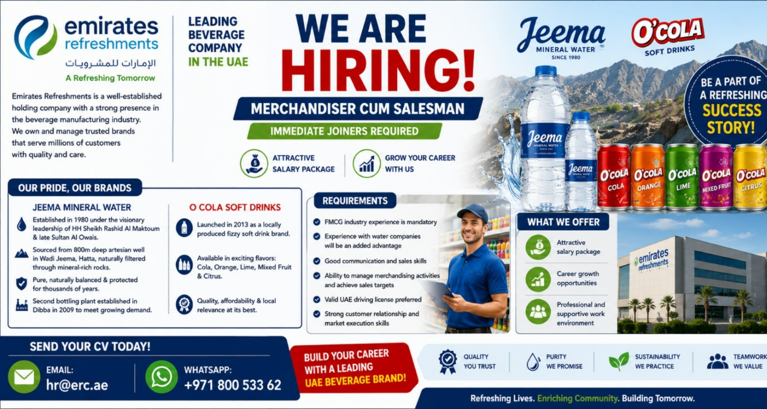 Emirates Refreshments Careers UAE 2026: Merchandiser Cum Salesman ...